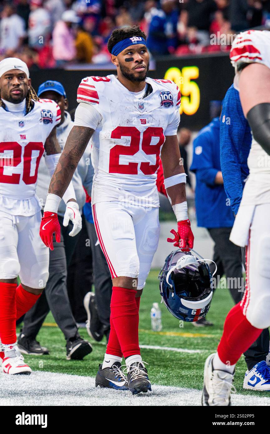 New York Giants running back Tyrone Tracy Jr. (29) walks back to the ...