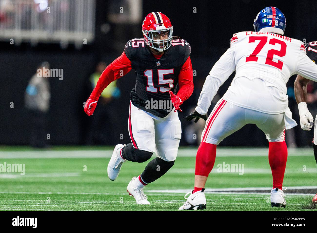 Atlanta Falcons linebacker Matthew Judon (15) works during the first ...