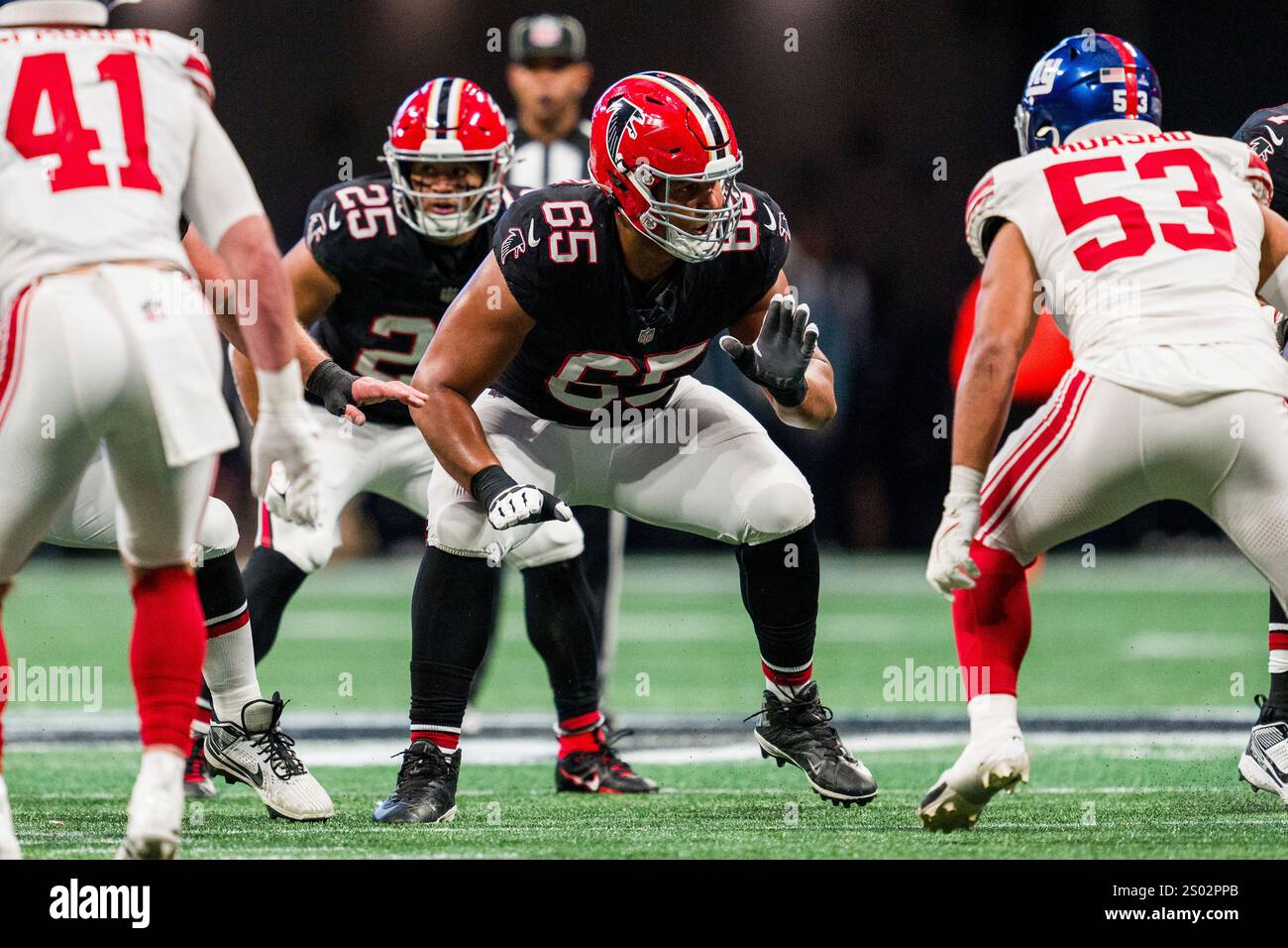 Atlanta Falcons guard Matthew Bergeron (65) works during the first half ...
