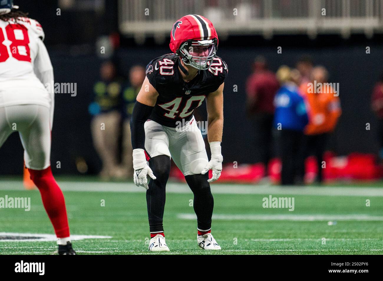 Atlanta Falcons linebacker JD Bertrand (40) lines up during the first ...
