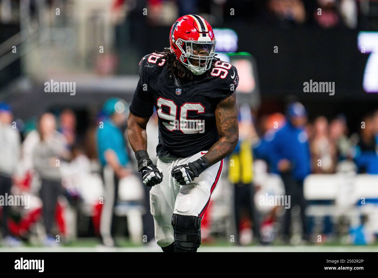 Atlanta Falcons defensive end Zach Harrison (96) reacts during the ...