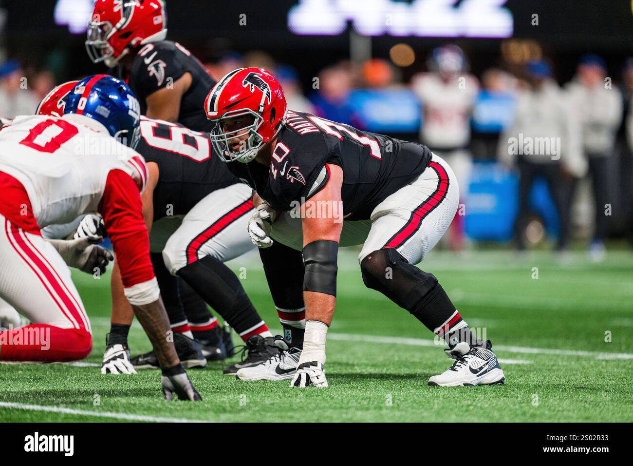 Atlanta Falcons offensive tackle Jake Matthews (70) lines up during the ...