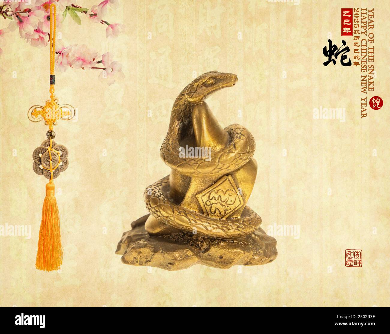 Tradition Chinese snake statue,2025 is year of the snake on old paper ...
