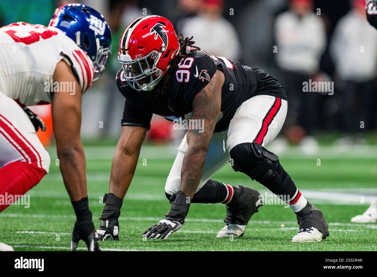 Atlanta Falcons defensive end Zach Harrison (96) lines up during the second half of an NFL ...