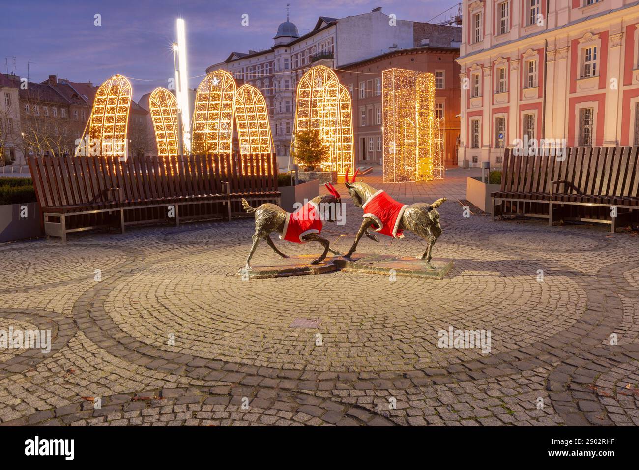 Figures of two goats, the symbol of the city, on the Collegiate Square ...