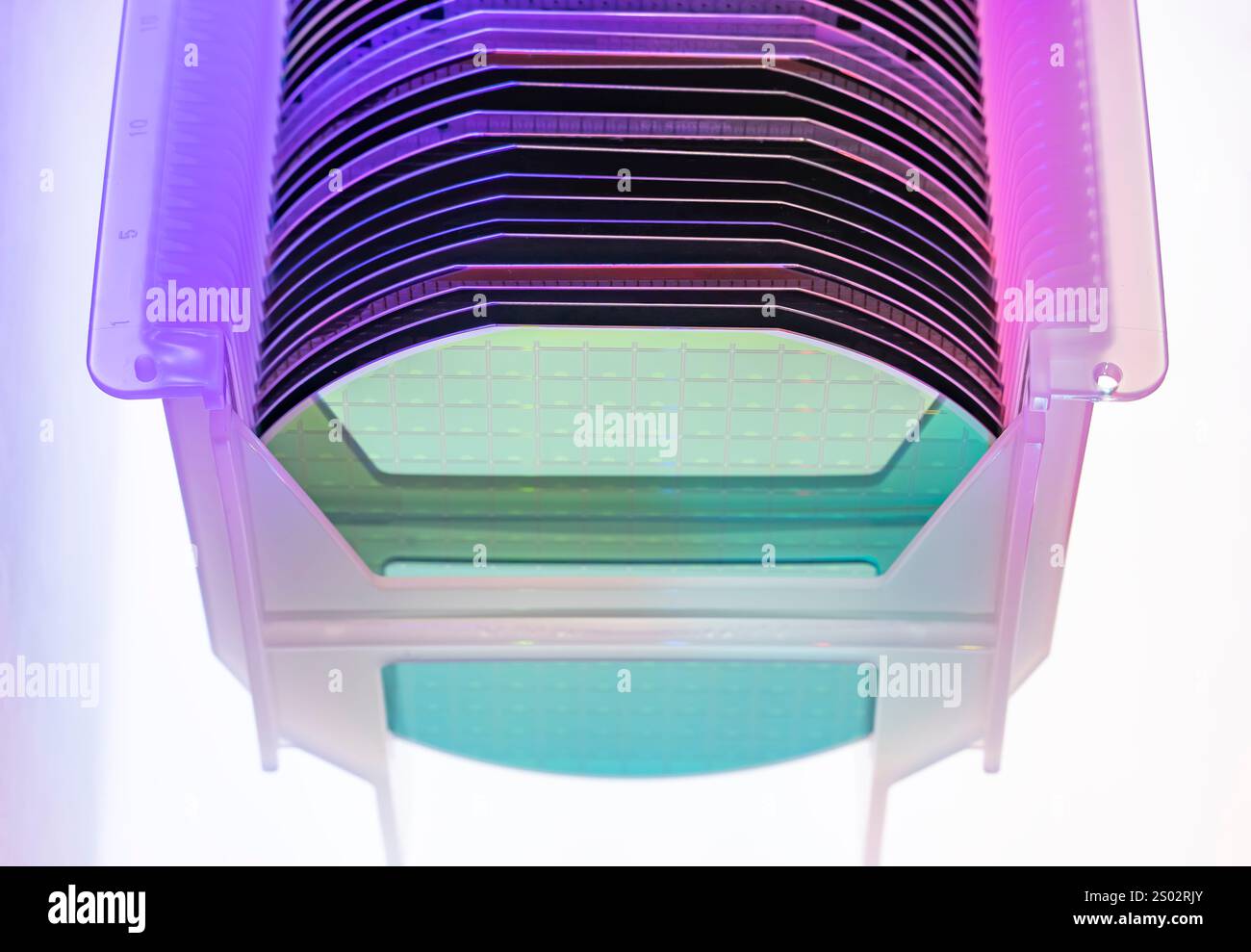 Silicon Wafers in white plastic holder box used in electronics for the ...