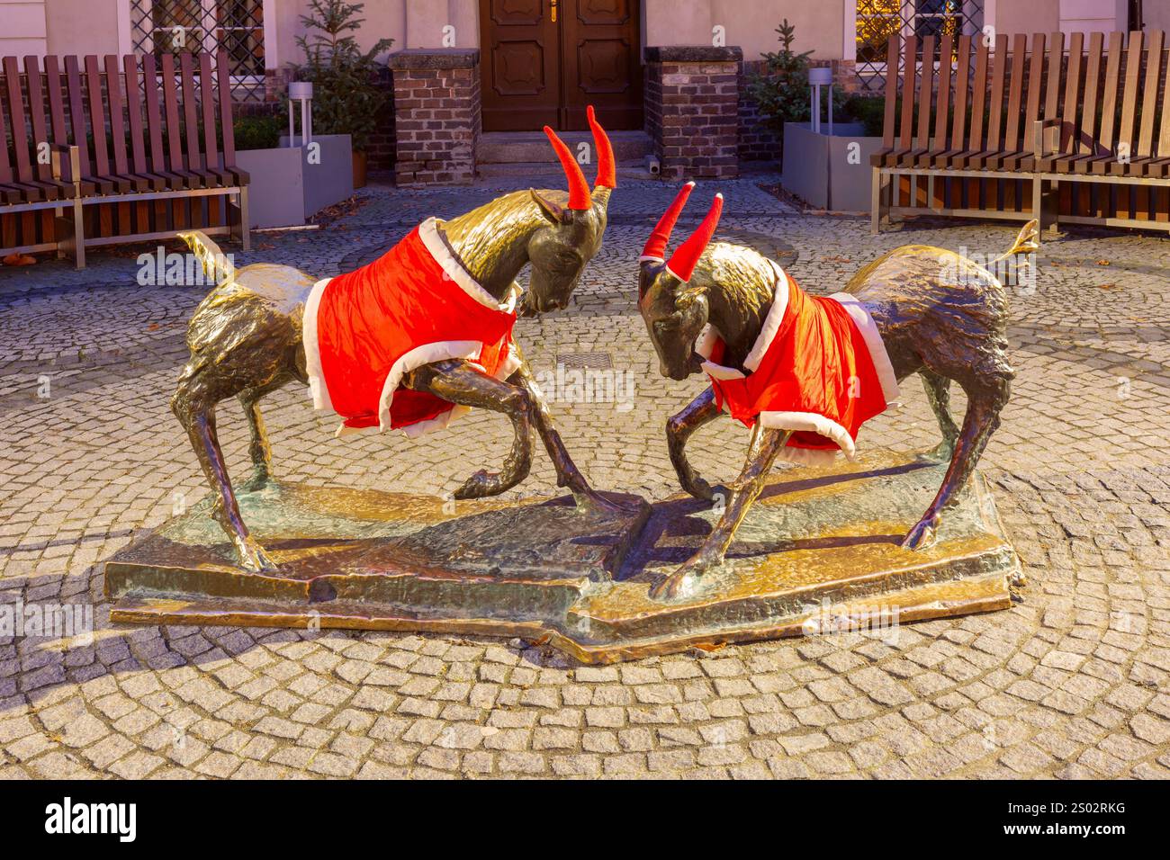 Figures of two goats, the symbol of the city, on the Collegiate Square ...