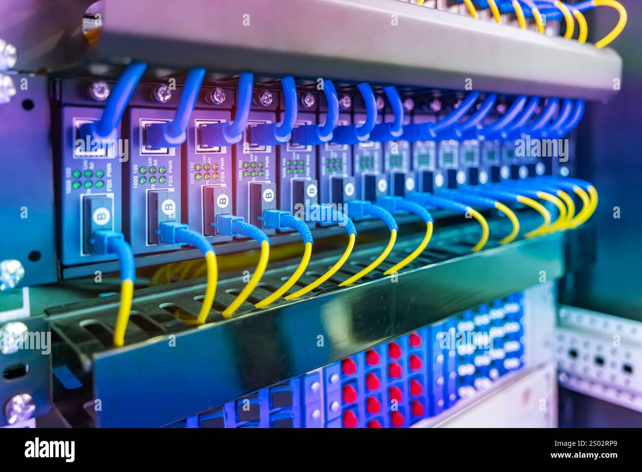Fiber Optic cables connected to an optic ports and Network cables ...