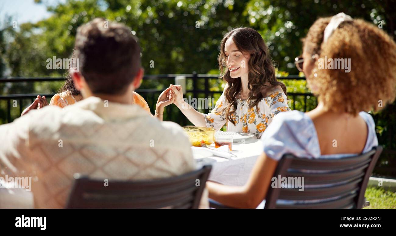 Women, holding hands and prayer with friends for party, reunion and ...