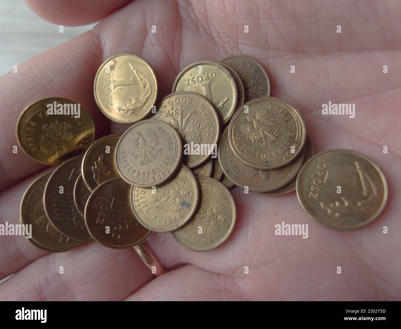A hand is holding a pile of coins. The coins are of different sizes and ...