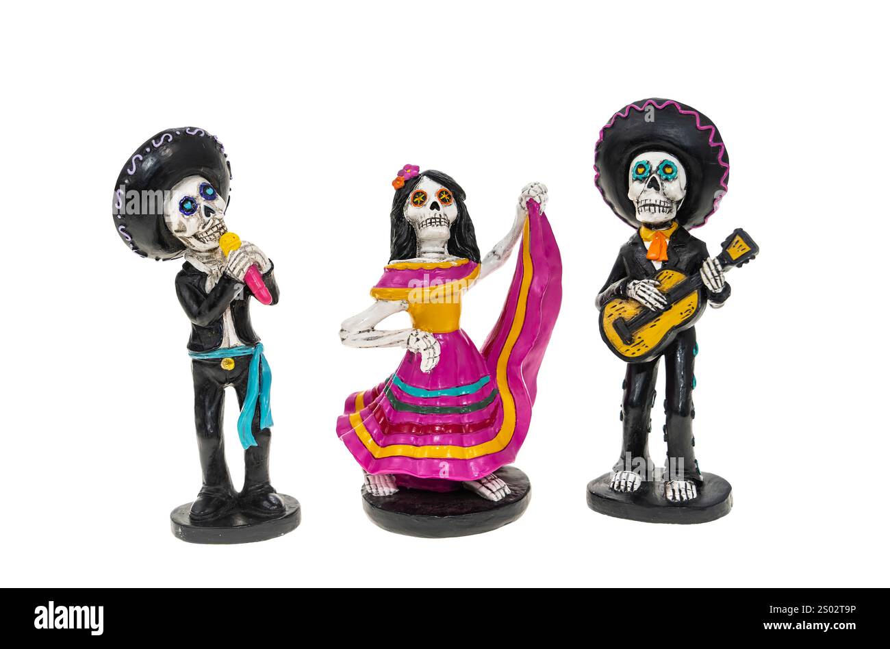 Skeleton character in costume for Day of the Dead dancing and playing ...