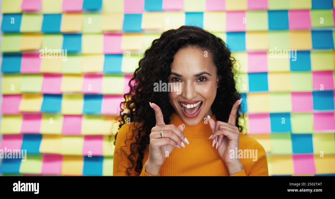 Finger gun, business and woman with pointing gesture for support ...