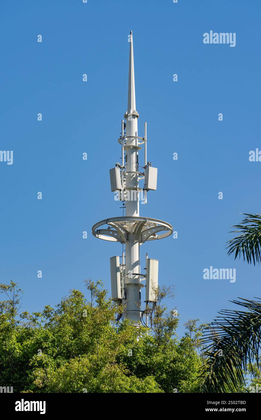 communication tower for 5G network telephone cellsite with dusk sky ...