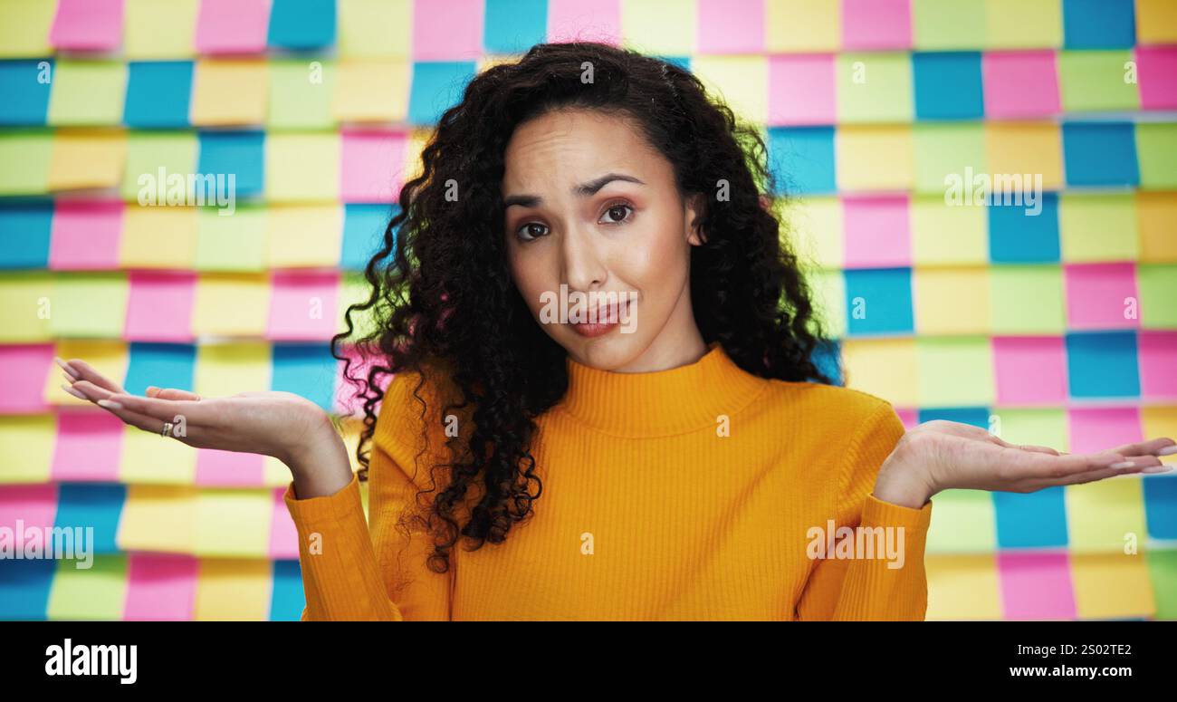 Options, woman and portrait with shrug for choice, creative career and ...