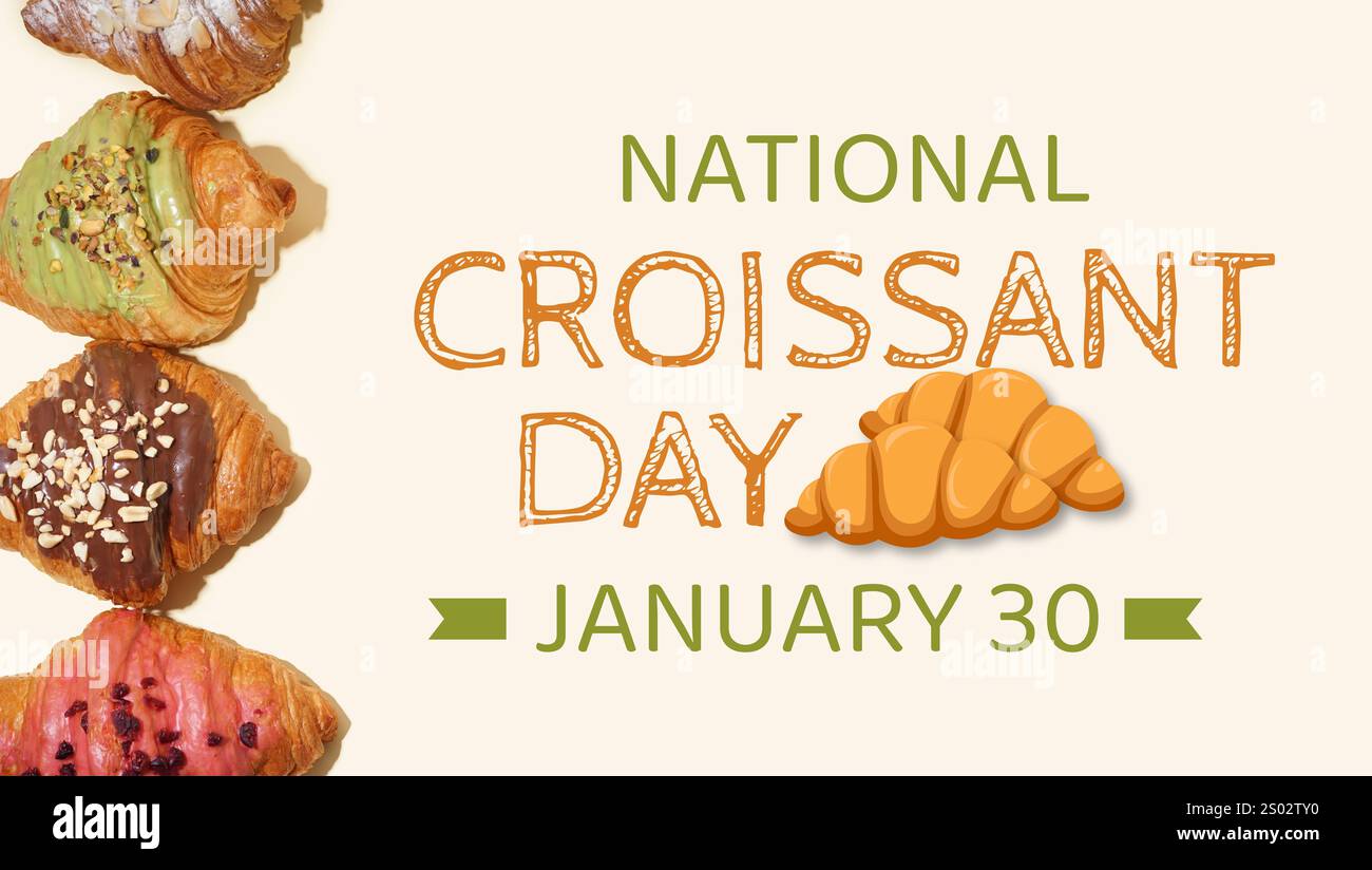Different sweet croissants on light background. Banner for National ...