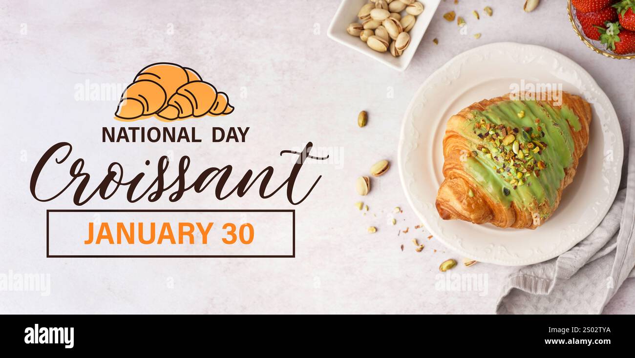Sweet croissant and pistachio nuts on white background. Banner for ...