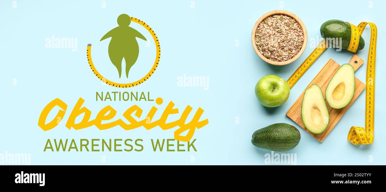 Healthy food and measuring tape on light blue background. Banner for ...