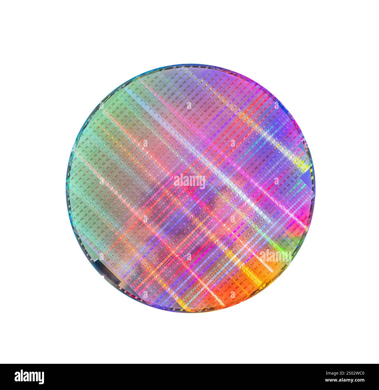 Polycrystalline silicon wafer with microchips isolated on white ...