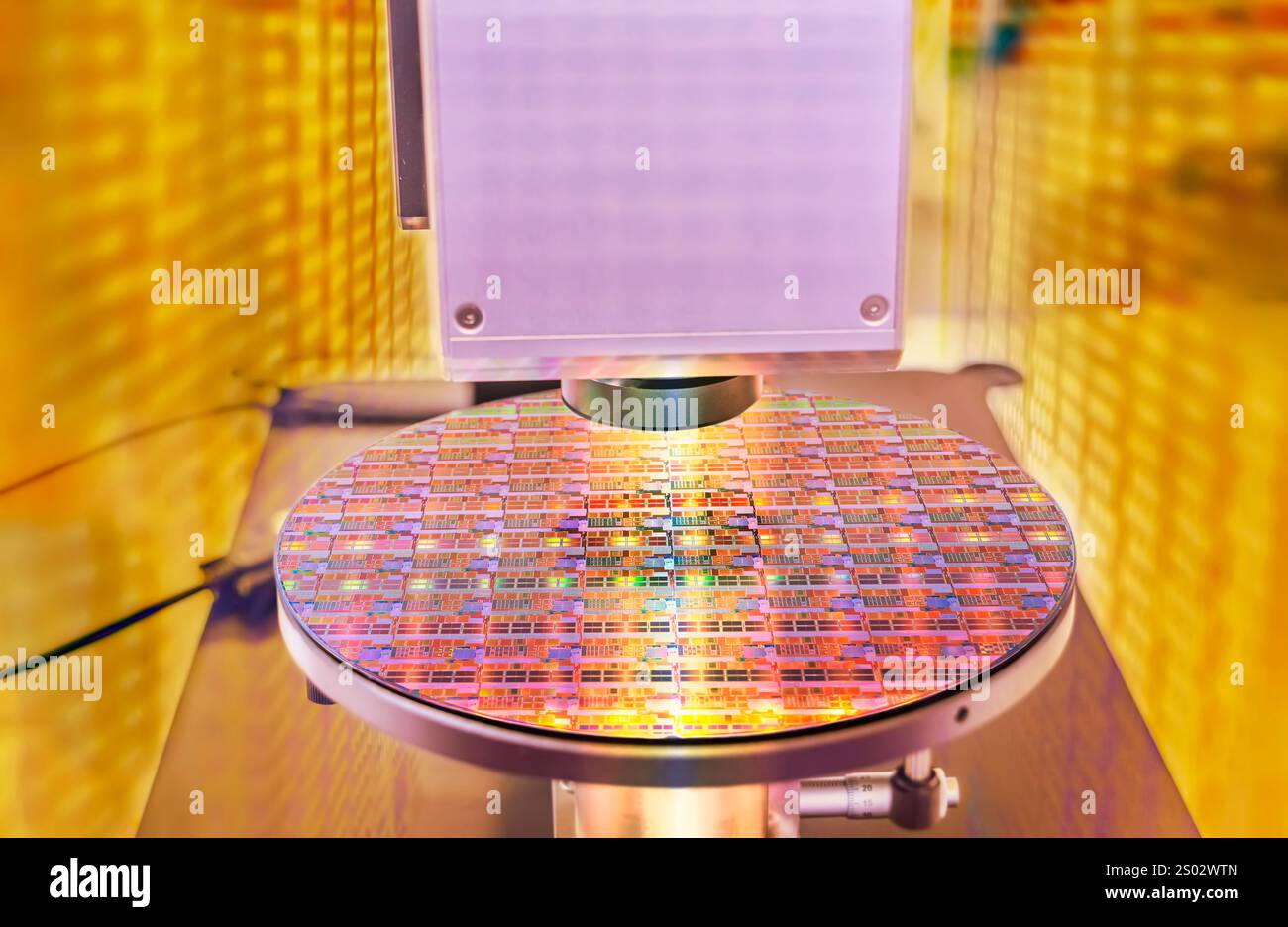 Silicon wafer with semiconductor microchip on machine process examining ...
