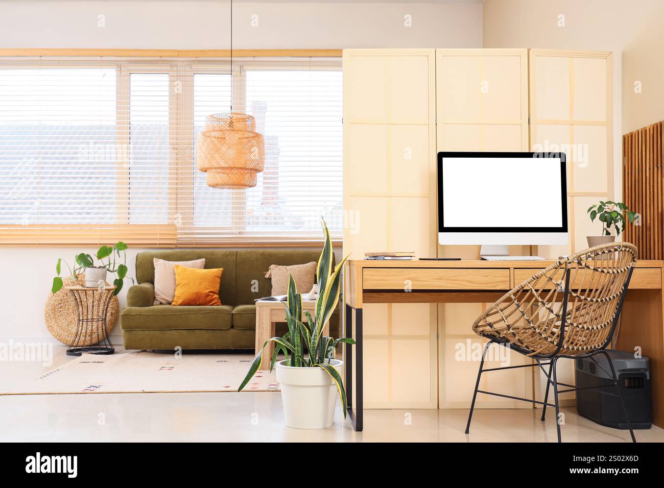 Interior of room with comfortable workplace, modern computer and ...