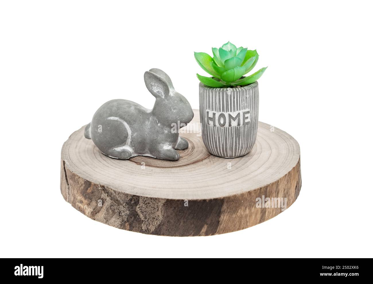 cute cement rabbit statue for decorate on round wood textured ...