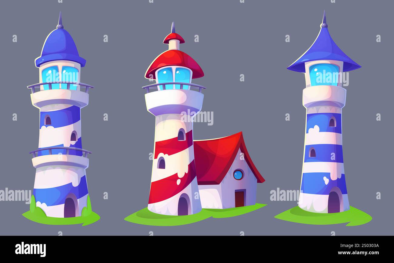 Cartoon lighthouse for maritime game design - white, red and blue ...