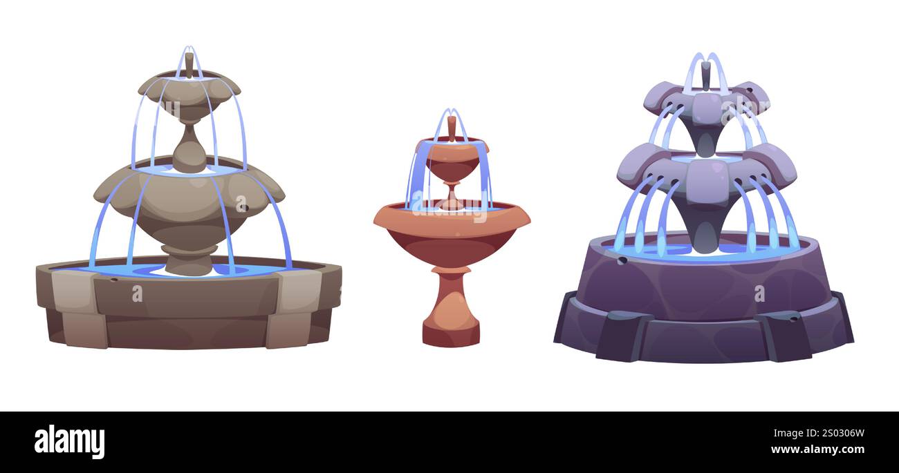 Cartoon water fountain collection - decorative stone structures with ...
