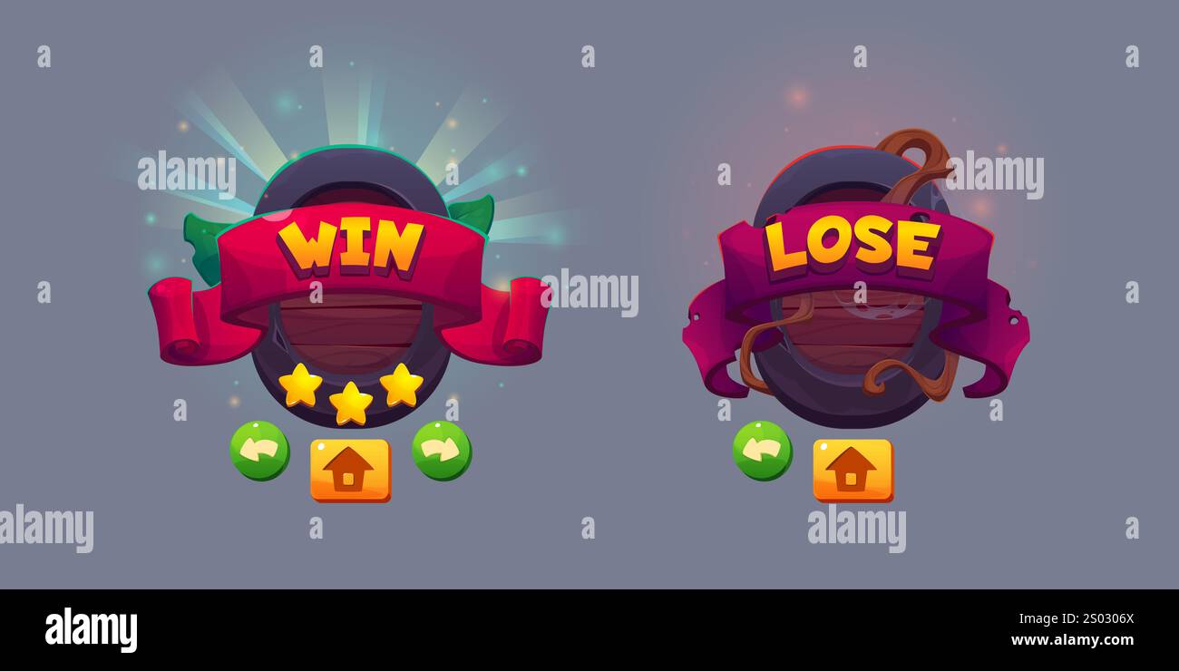 Game victory and defeat badges with navigation green arrows and home ...