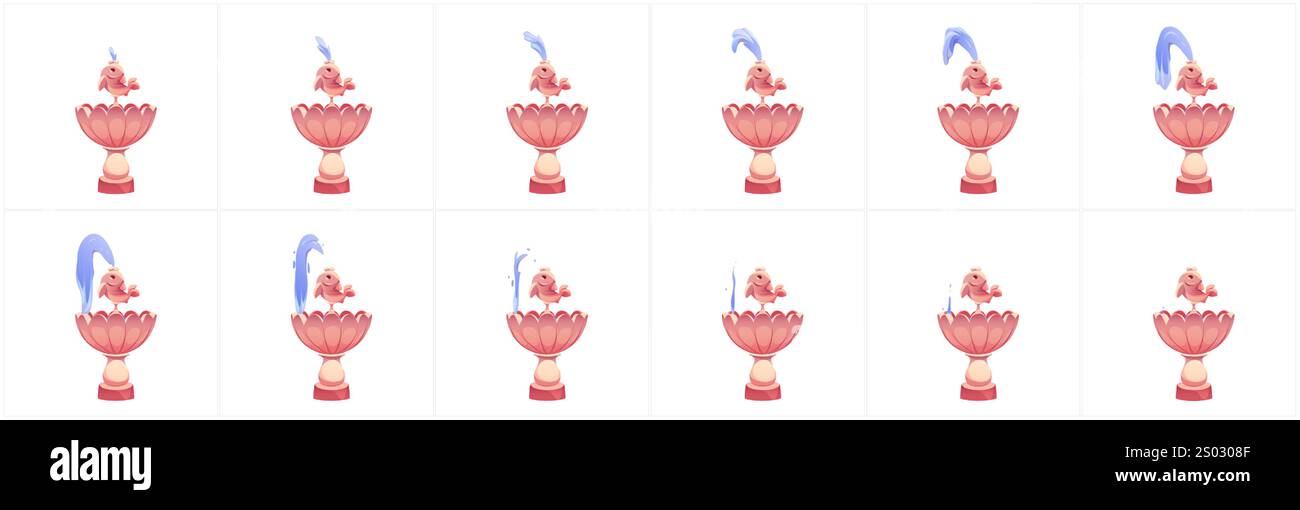 Cartoon water fountain animation frames - pink lotus shaped basin with ...