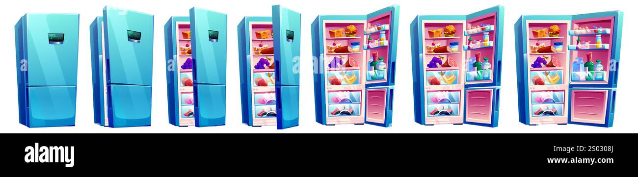 Fridge opening animation sequence showing blue refrigerator full of ...