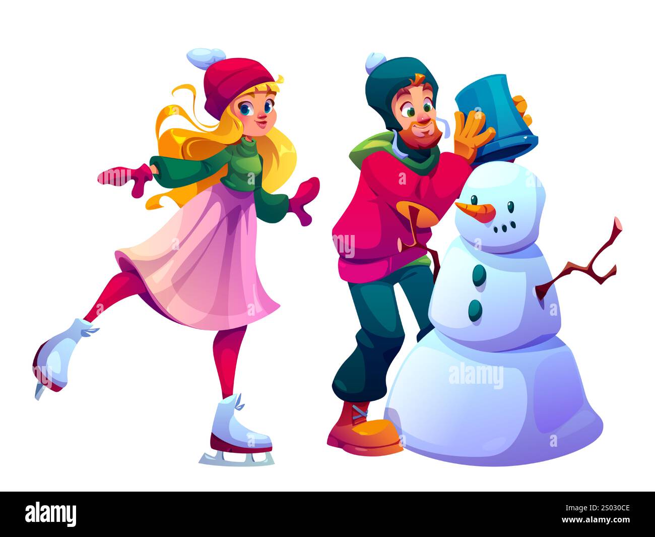 Cartoon winter scene with girl ice skating, bearded man putting bucket ...