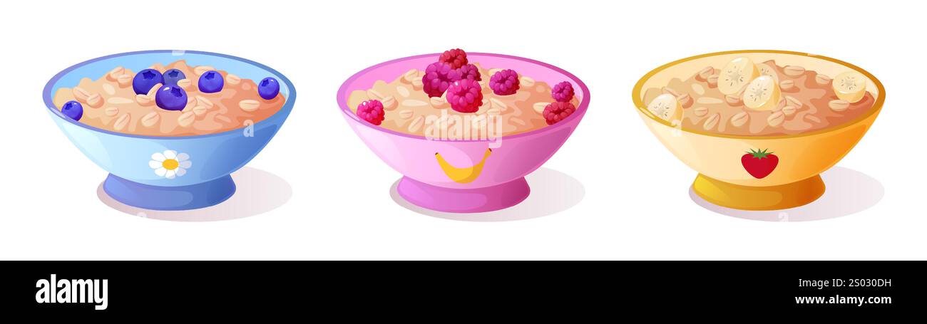 Healthy breakfast bowls set with oatmeal and different toppings ...