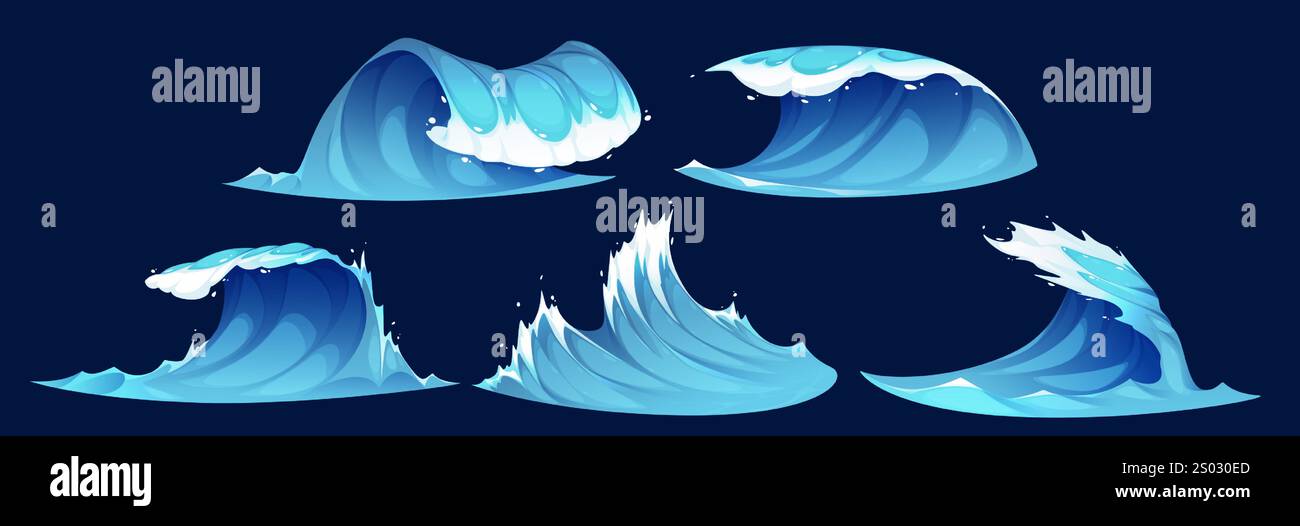 Cartoon ocean wave set. Stormy water elements with dynamic blue surf ...