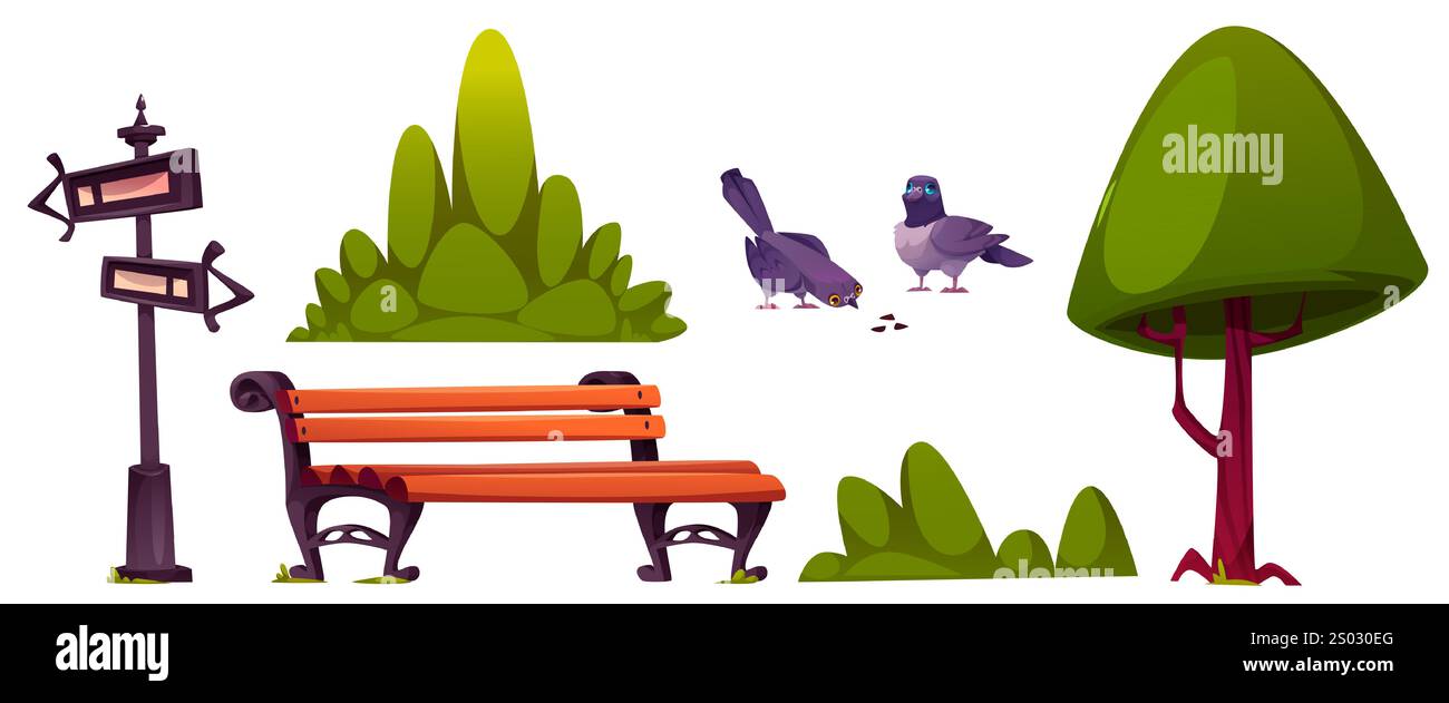 Public park elements set - wooden bench, direction signpost, green tree ...