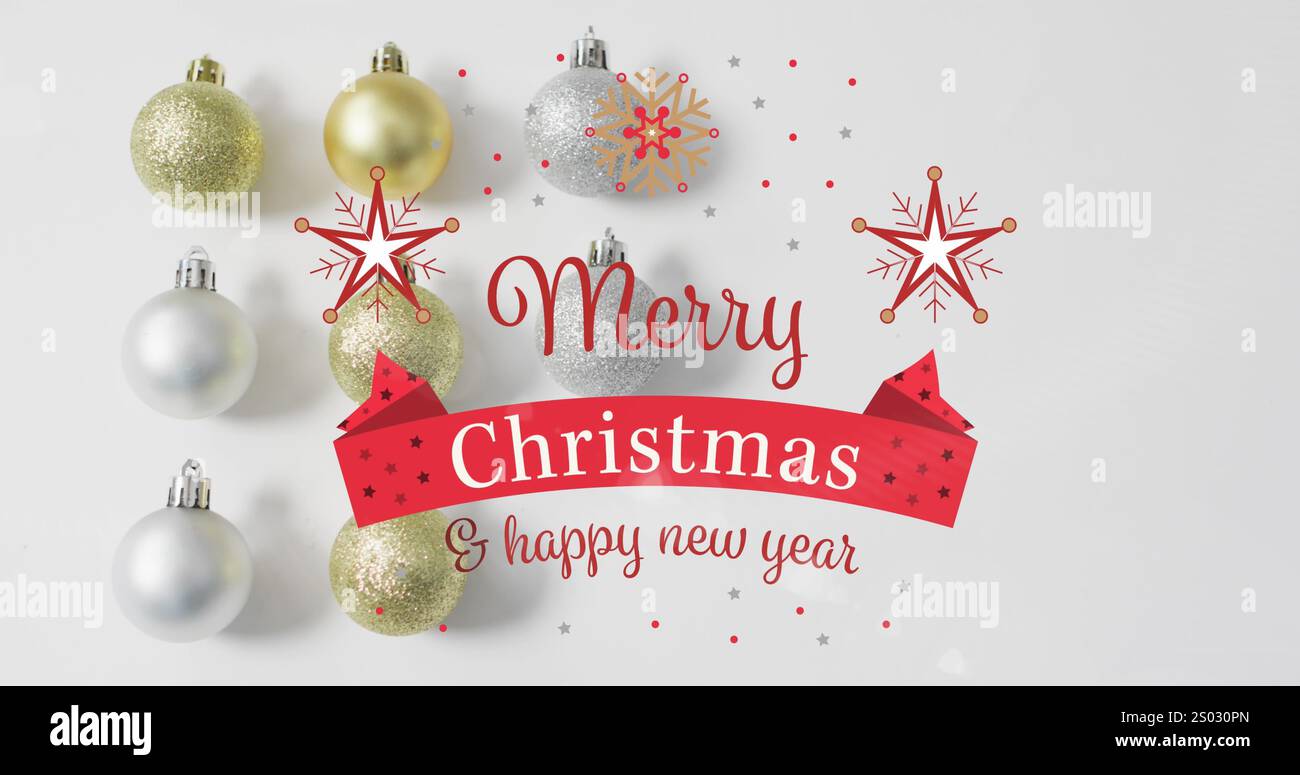Image of christmas greetings text over baubles on white background ...