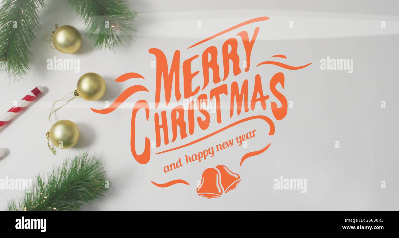 Image of christmas greetings text over baubles on white background ...