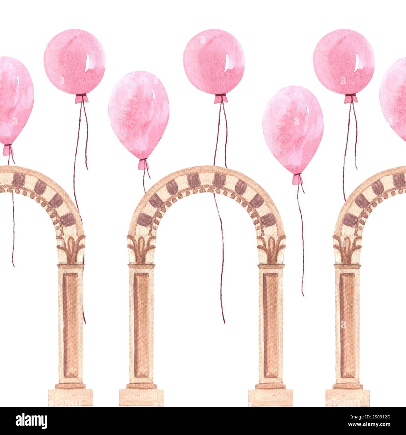 Stone greek ancient classic arch and pink balloons seamless border ...