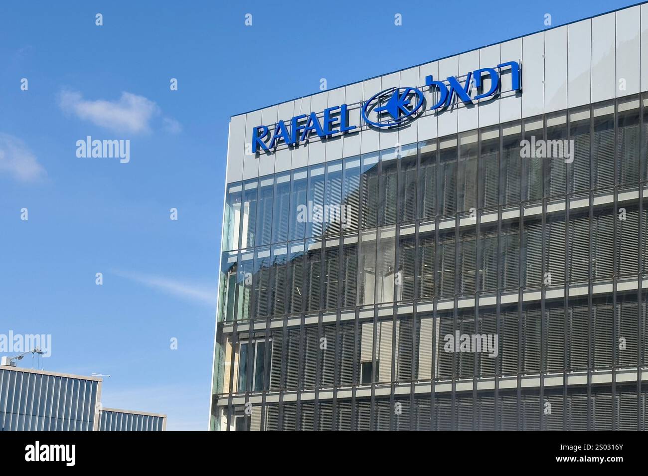 Logo of Israeli Rafael Advanced Defense Systems company in a building ...