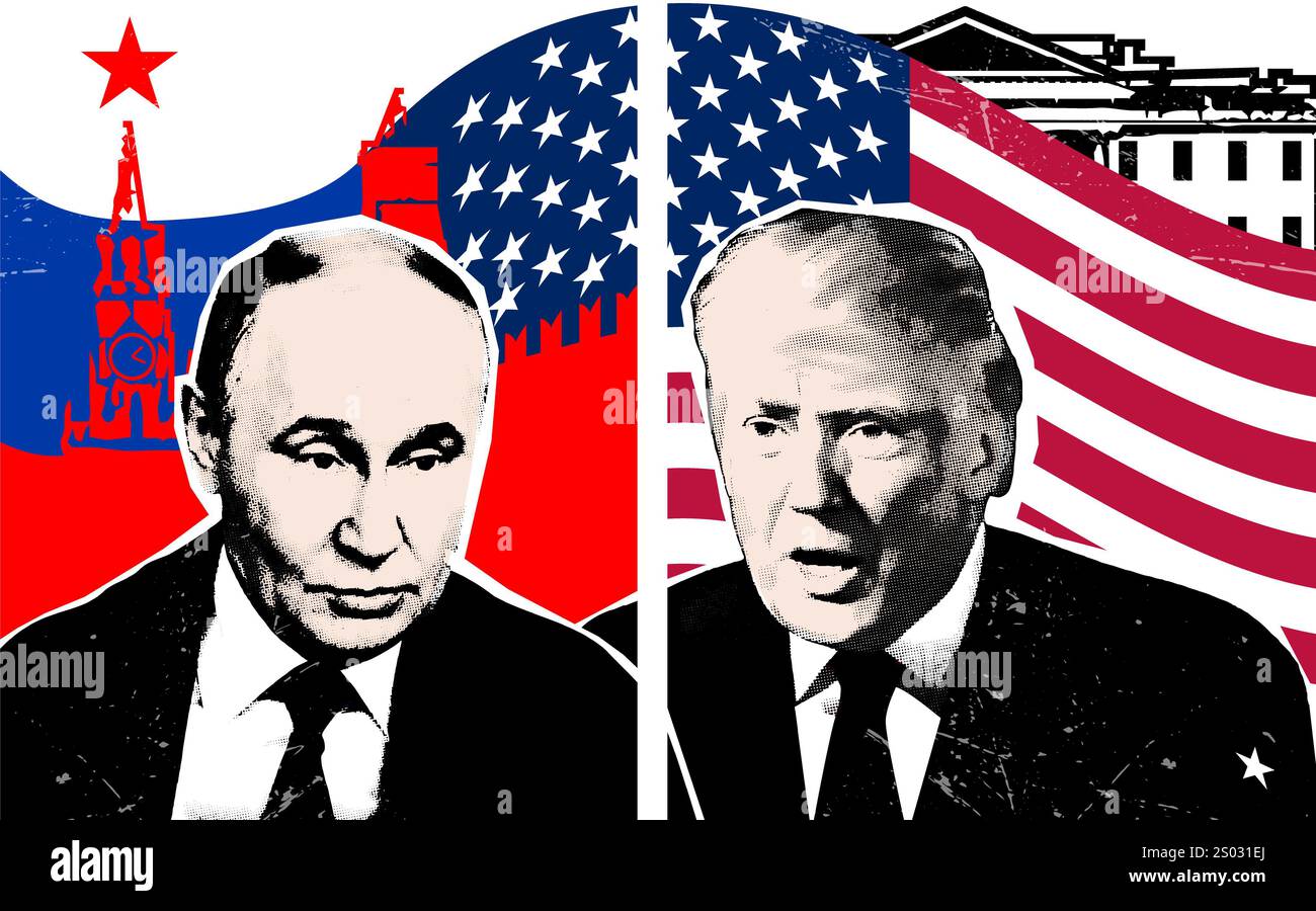 Portrait of Donald Trump , Vladimir Putin . Halftone collage effect ...