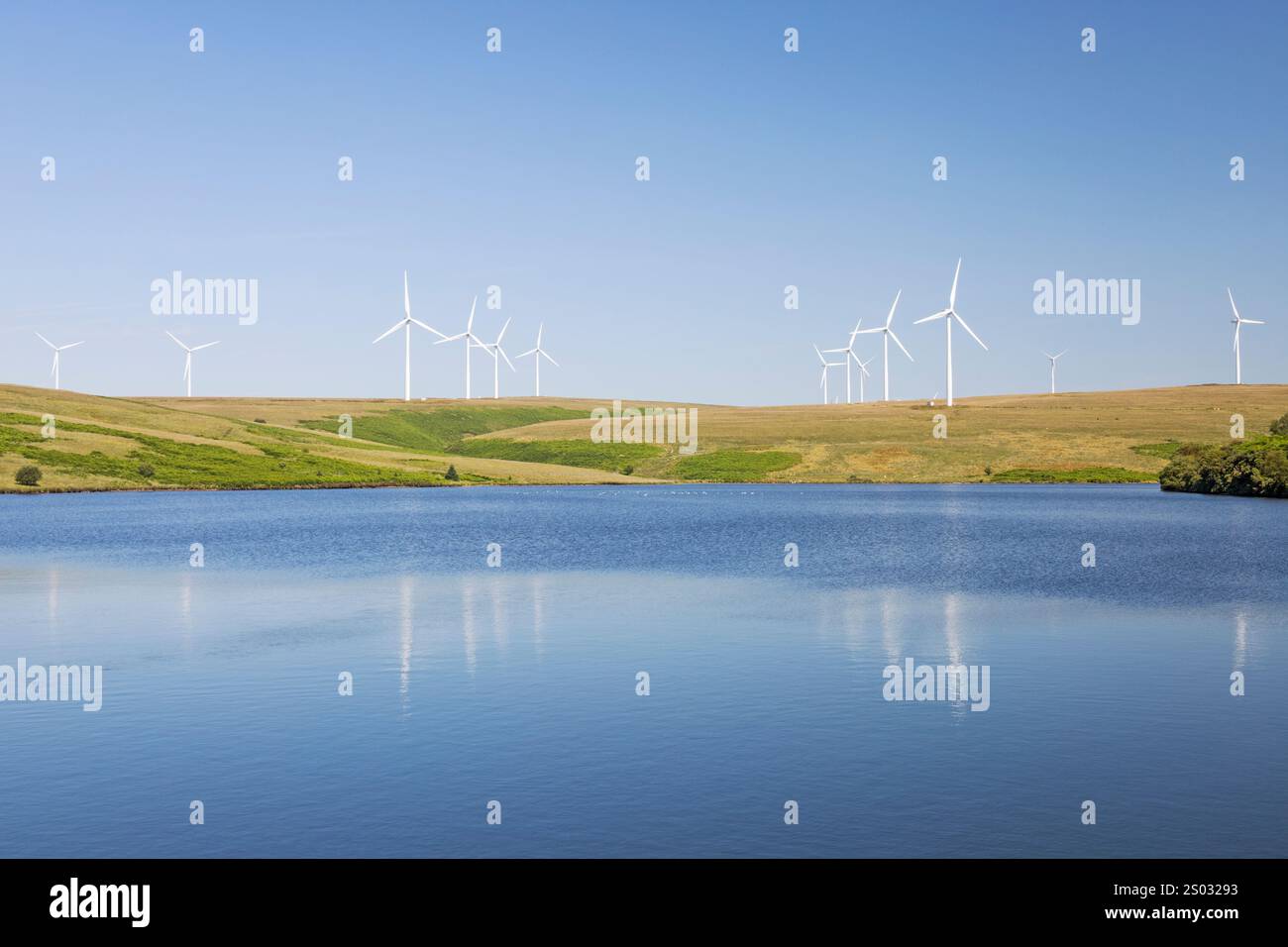 Upper Lliw Reservoir with wind turbines, Felindre, Swansea, South Wales ...