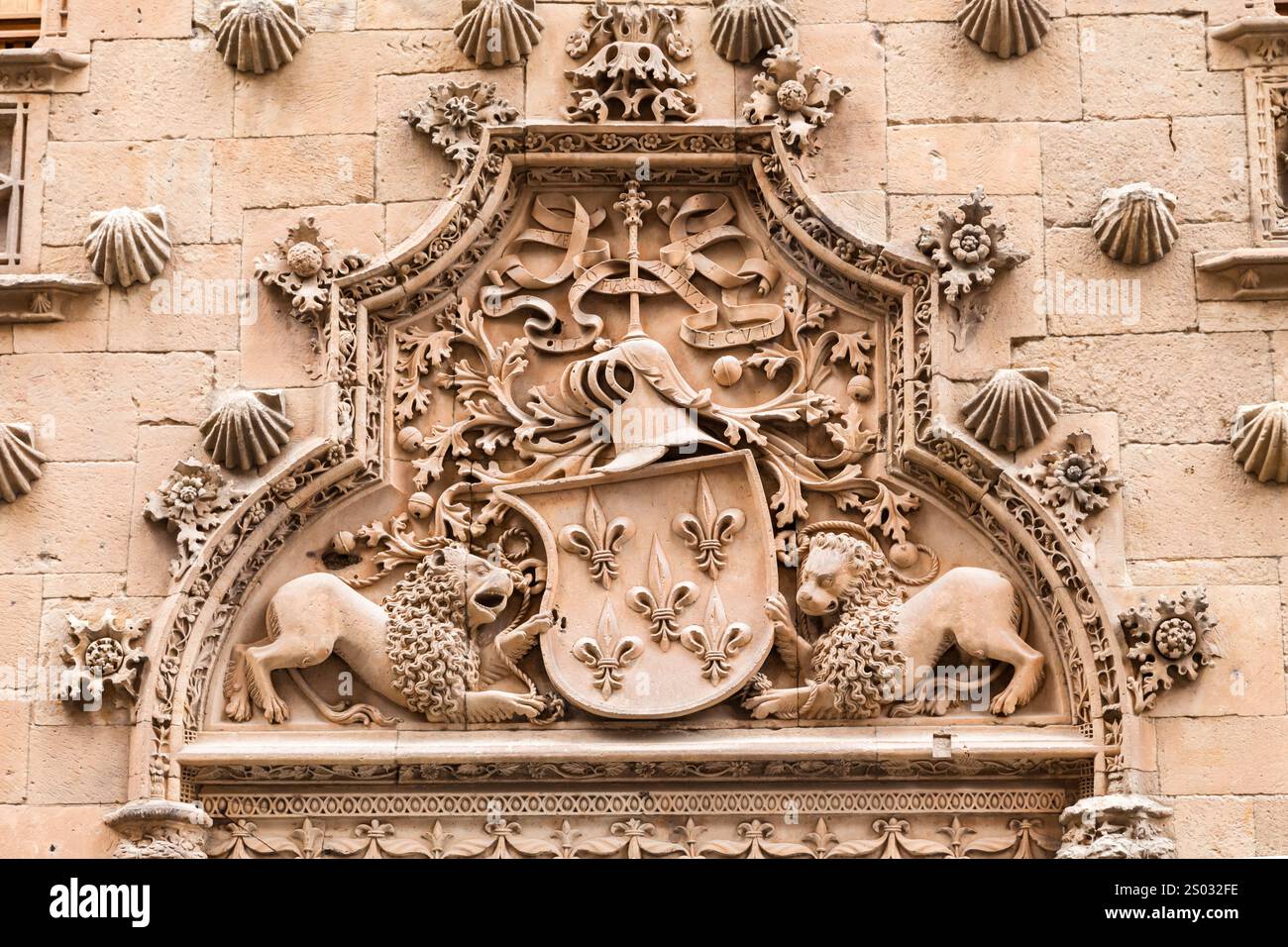 The ornate stonework features two lions guarding a coat of arms at an ...