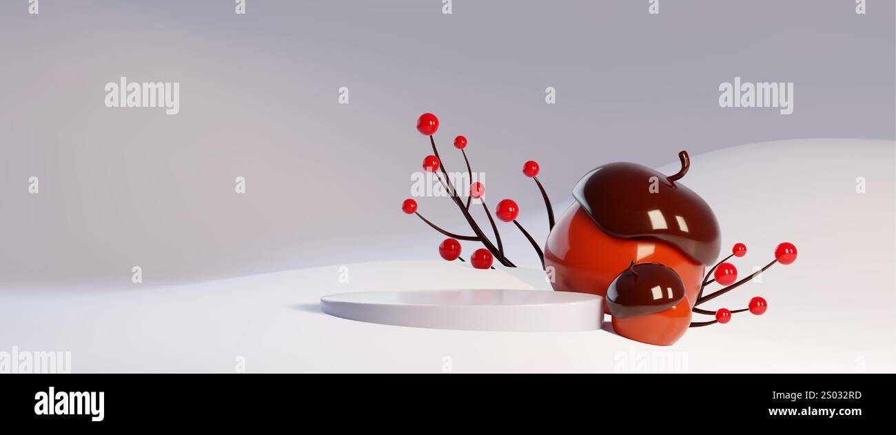 3d studio setup with white circular podium, glossy brown acorns and ...