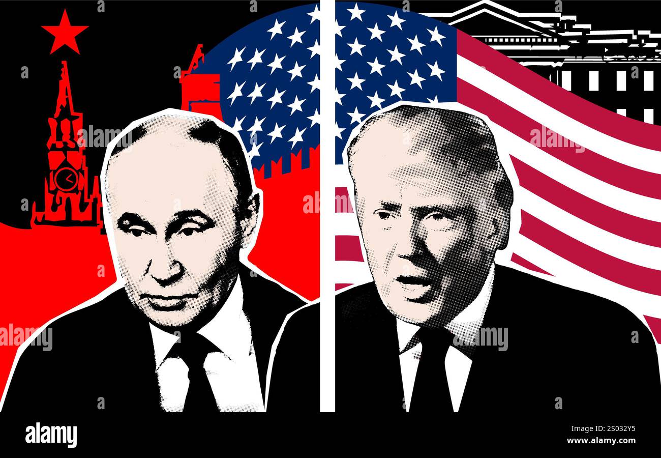 Portrait of Donald Trump , Vladimir Putin . Halftone collage effect ...