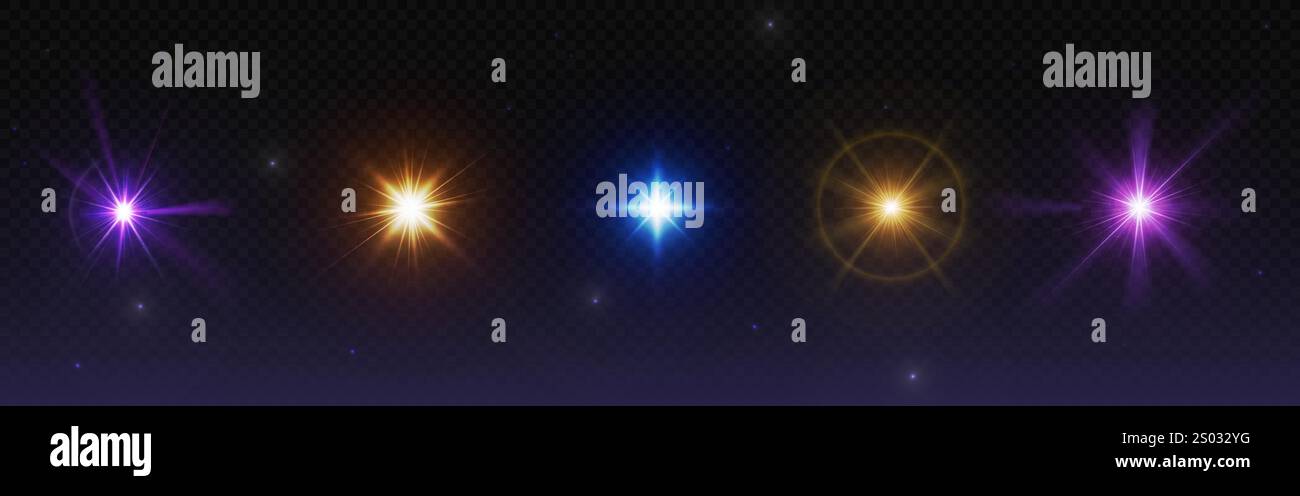 Glowing glint and glare light effects set - bright multicolored star ...