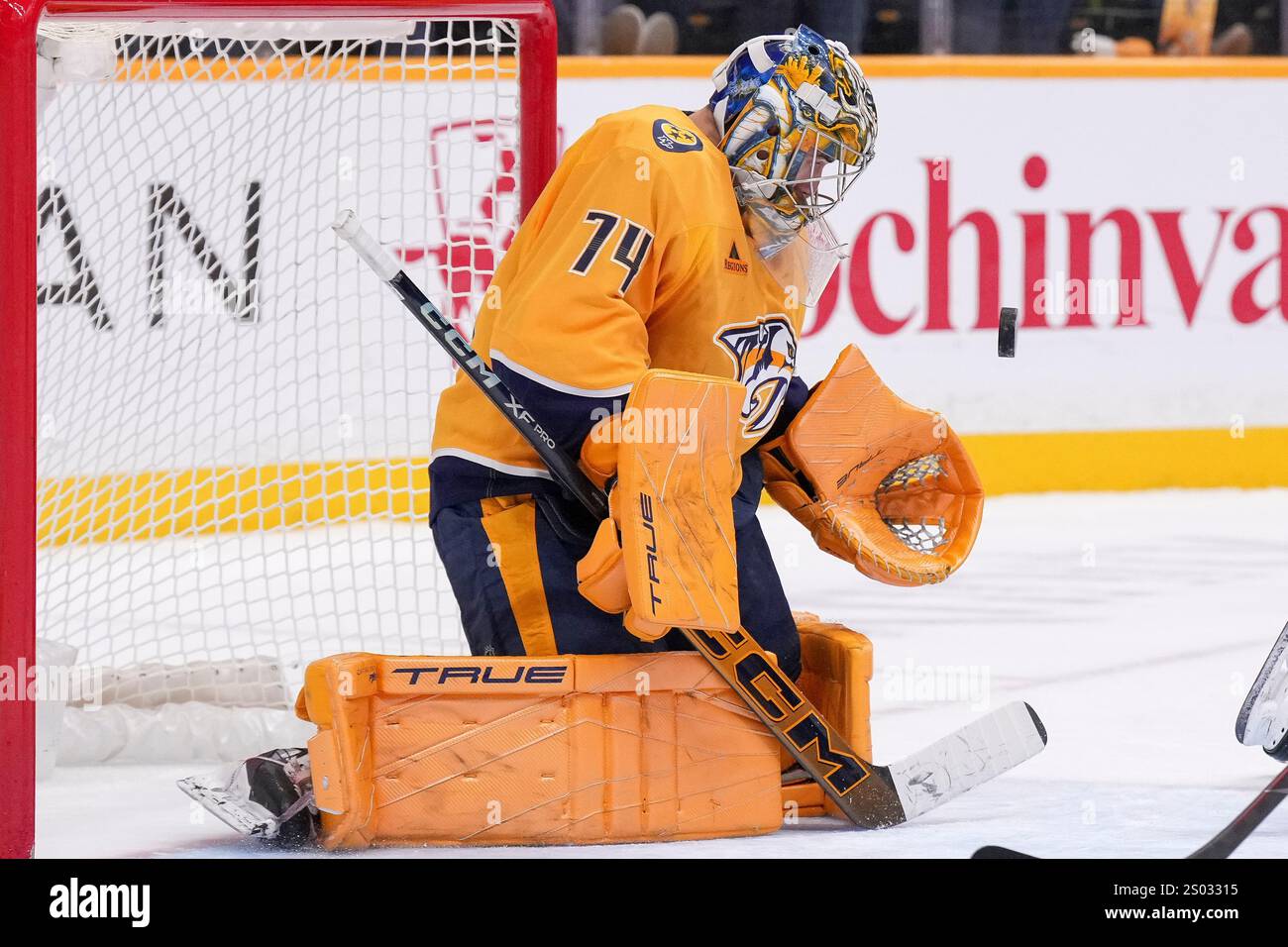 Nashville Predators goaltender Juuse Saros (74) defends the goal during ...