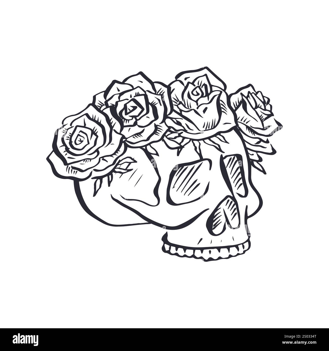 Hand drawn black silhouette floral human skull with rose wreath ...
