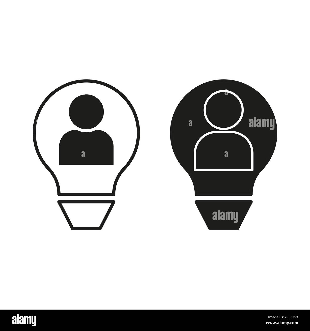 Lightbulb with people. Human creativity icon. Black and white outline ...