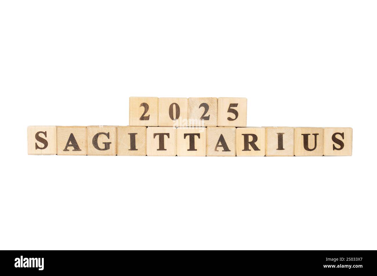 Sagittarius zodiac sign word in wooden cubes. White background. Set of ...