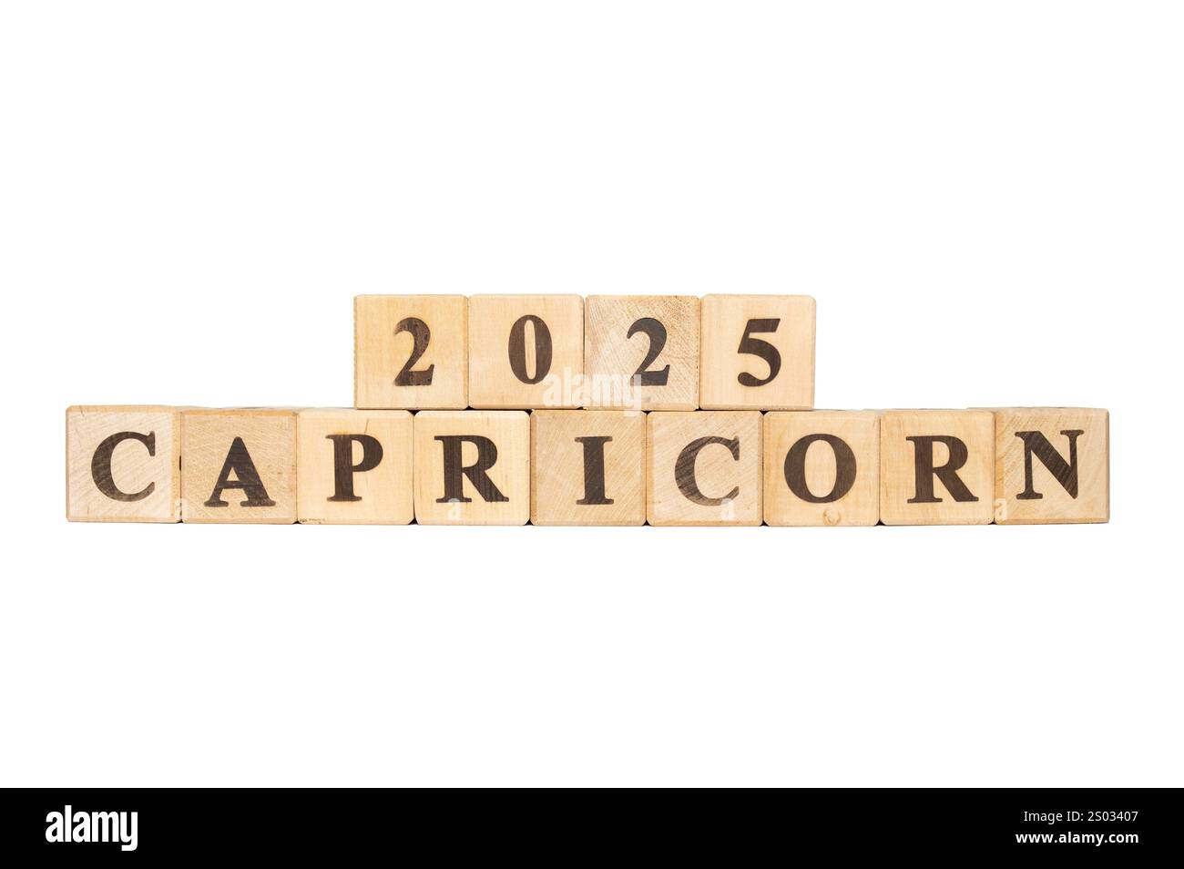 Capricorn zodiac sign word in wooden cubes. White background. Set of ...