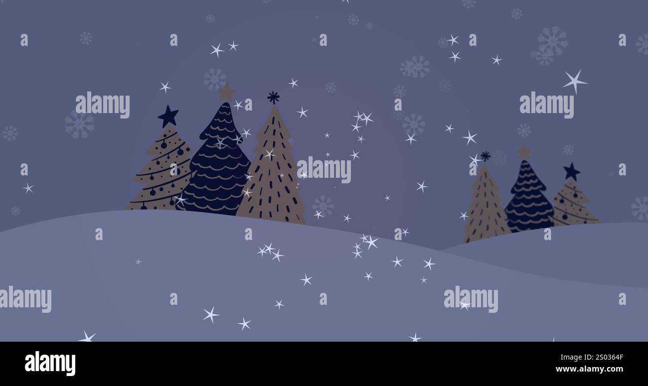 Image of stars over christmas trees. christmas, celebration and digital ...
